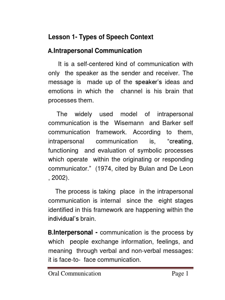 Lesson 1-Types of Speech Context Intrapersonal Communication | PDF