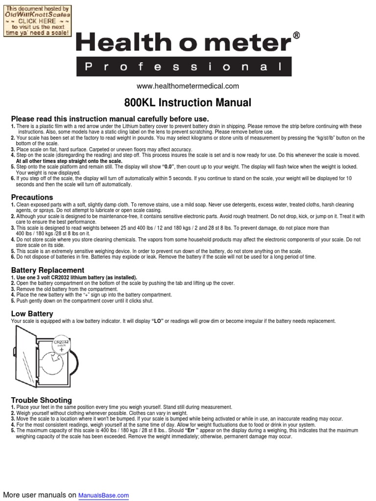 MANUAL Health O Meter Scale 800KL | PDF | Weight
