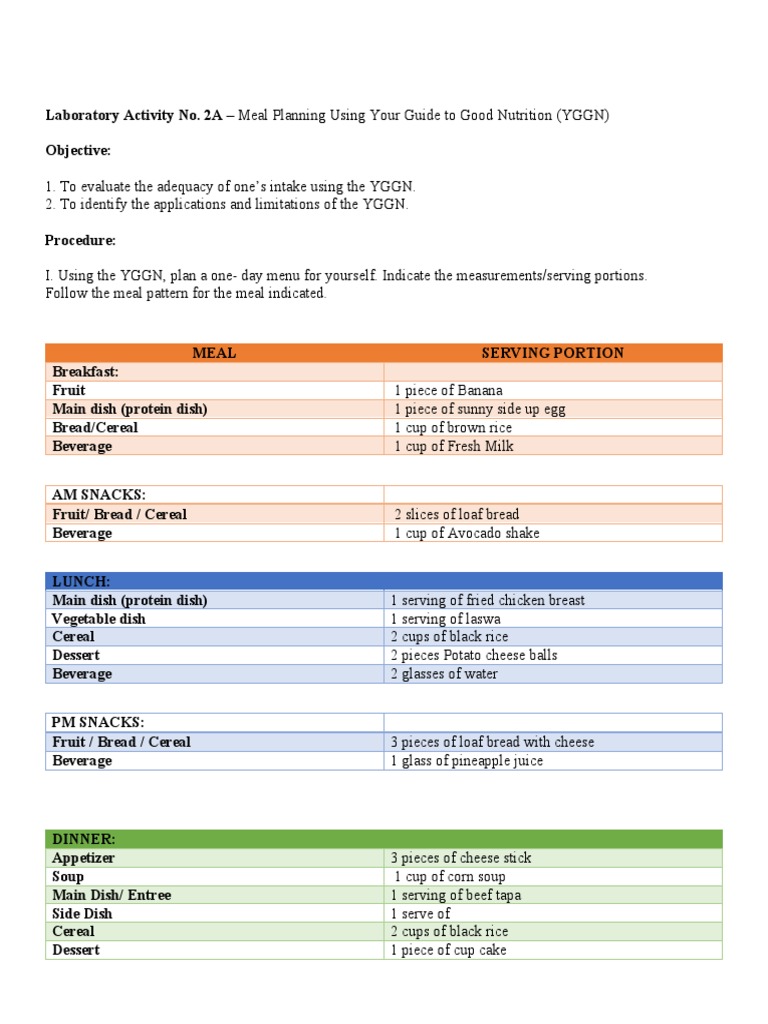 Laboratory - Activity - No. 2 - Nutrition | PDF | Meal | Foods