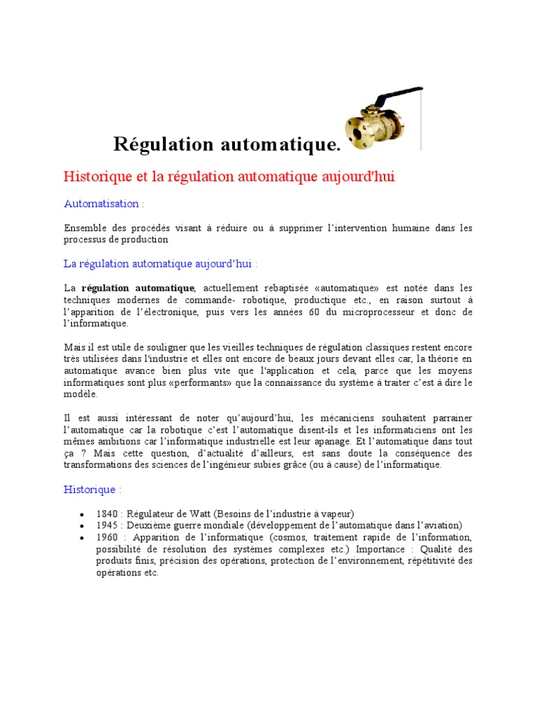 Régulation Automatique et Systèmes Associés | PDF | Automatisation ...