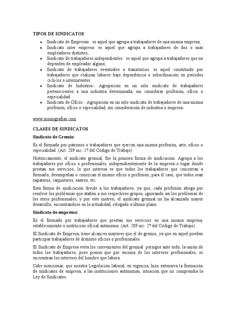 Tipos de Sindicatos | PDF | Sindicato | Derecho laboral