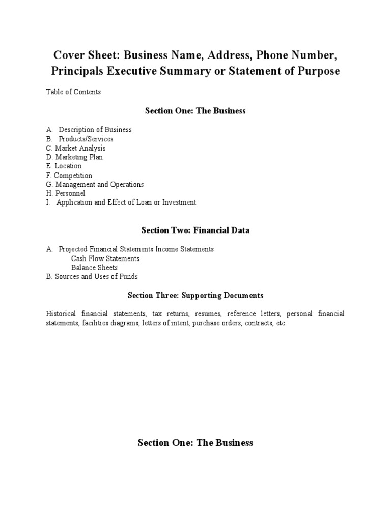 Cover Sheet: Business Name, Address, Phone Number, Principals Executive ...
