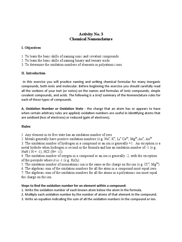 Activity No 3 Chemical Nomenclature | PDF | Chemical Compounds | Ion