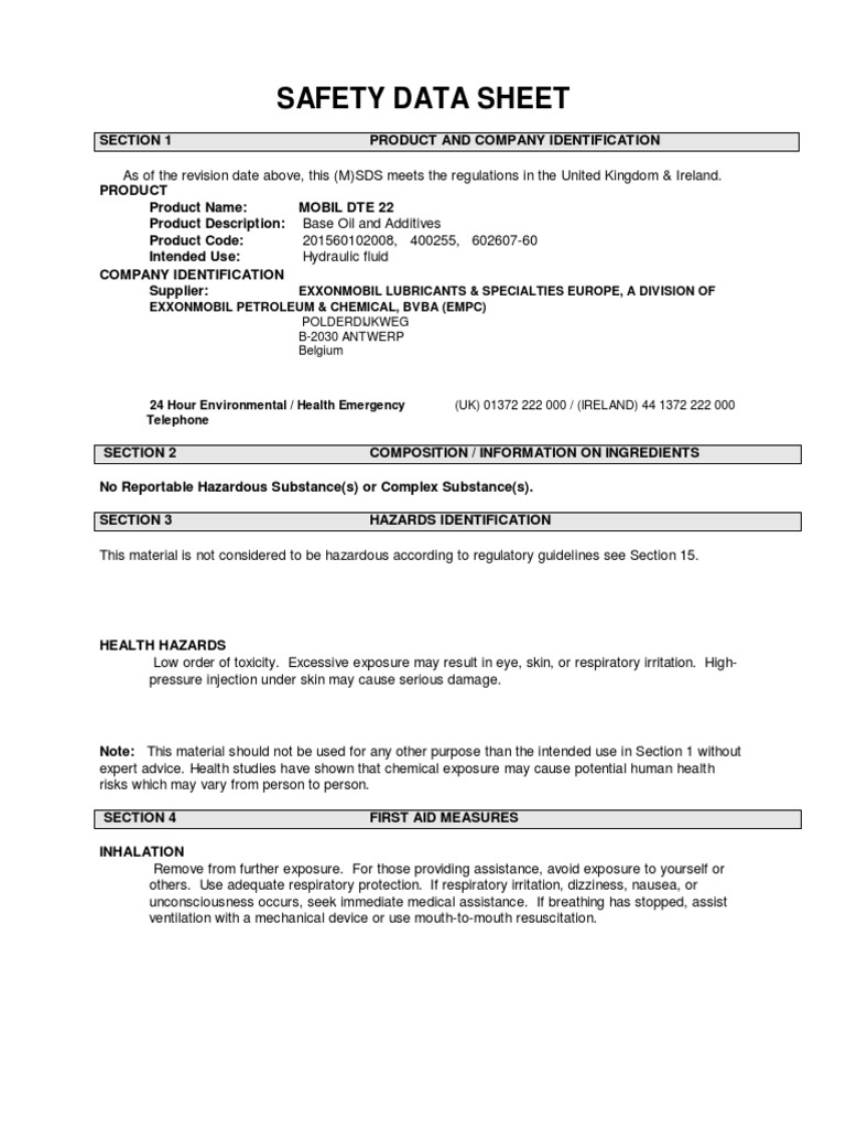 Safety Data Sheet: Exxonmobil Lubricants & Specialties Europe, A ...