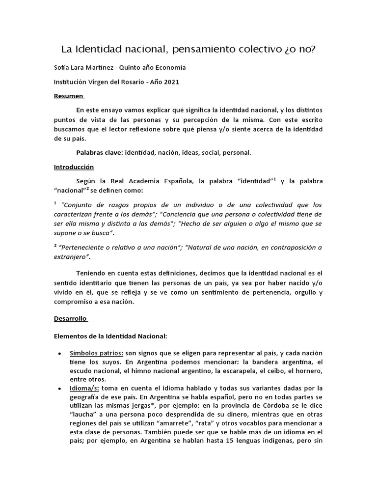 Ensayo-Identidad Nacional-Sofia Martinez 5to B Burbuja 2 | PDF | Nación ...