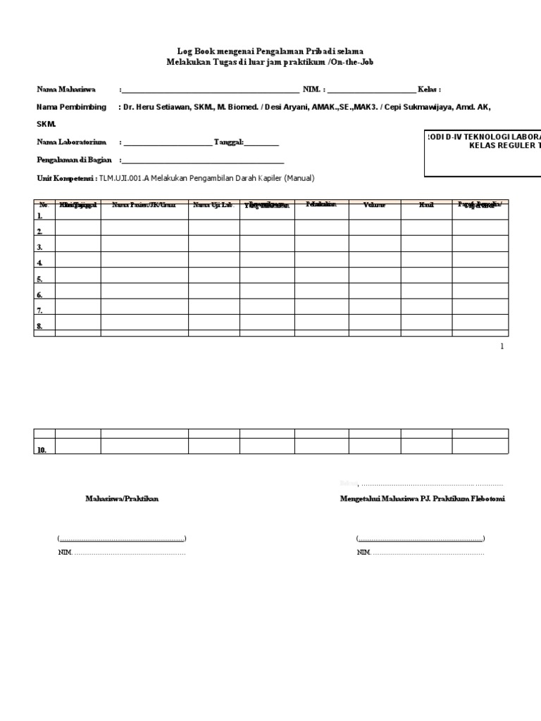 Logbook Pengambilan Darah Kapiler Tanpa Alat Bantu | PDF