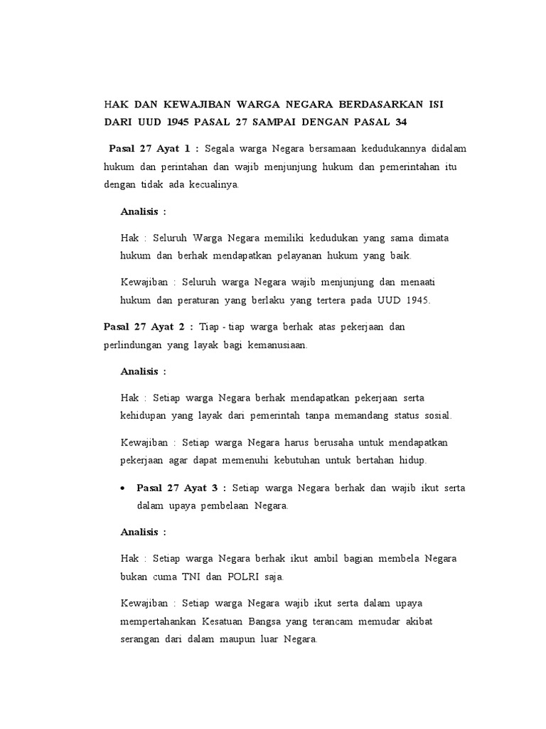 Analisis Pasal 27 34 UUD 1945 Berkaitan | PDF