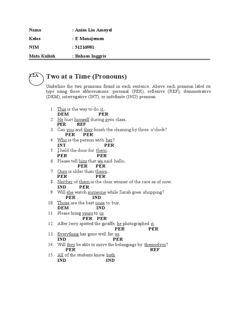 Two at A Time (Pronouns) : Per Ref | PDF | Pronoun | Grammatical Number