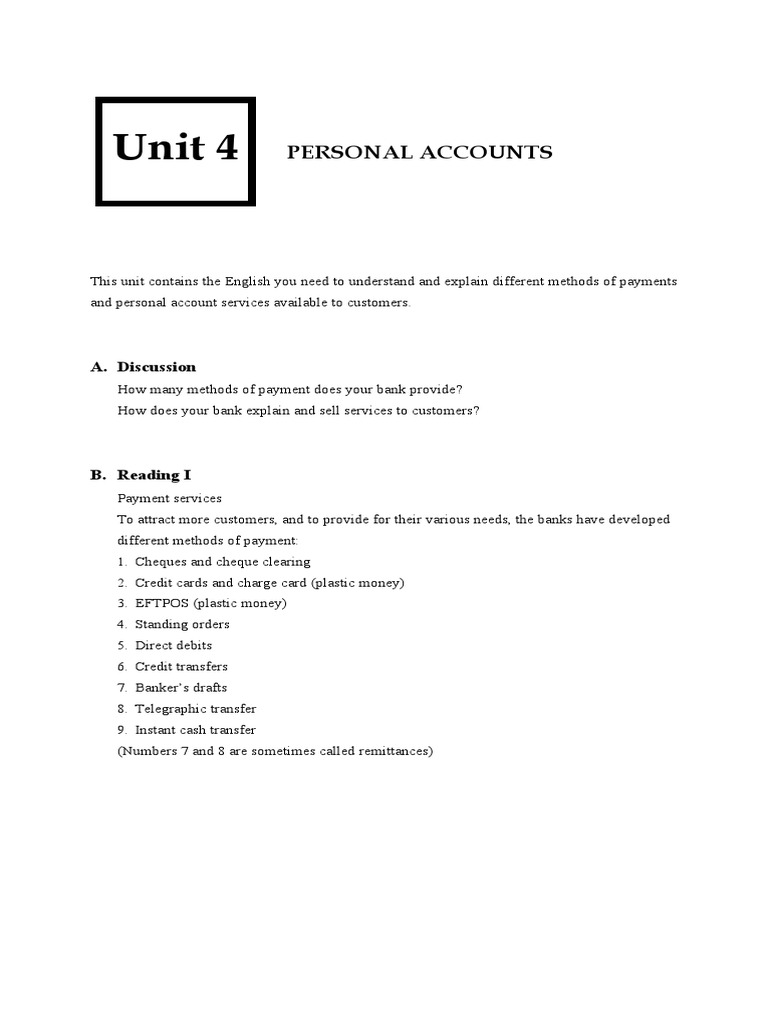 Unit 4 Personal Accounts | PDF | Payments | Banks