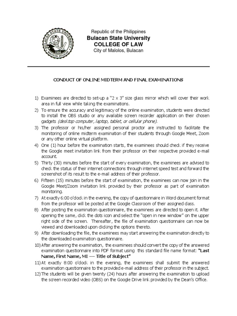 Bsu Guidelines For Examination Via Email Final | PDF | Test (Assessment ...