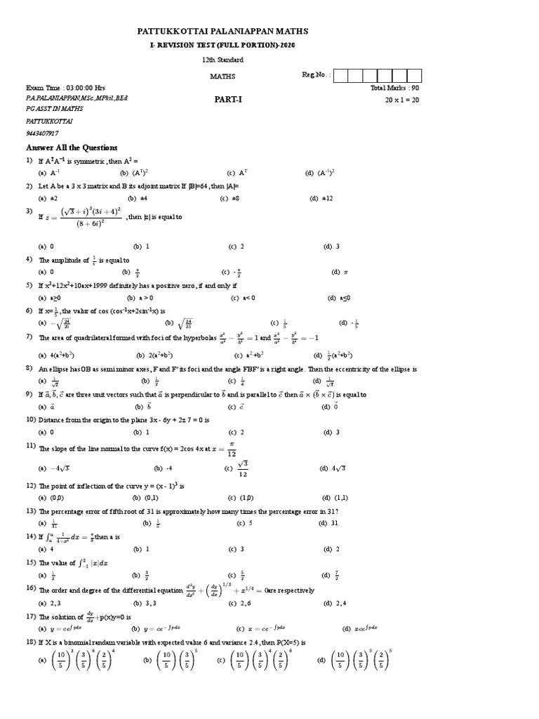 Maths (English Medium) Tamil Nadu 12th Revision Question Paper 2020 ...