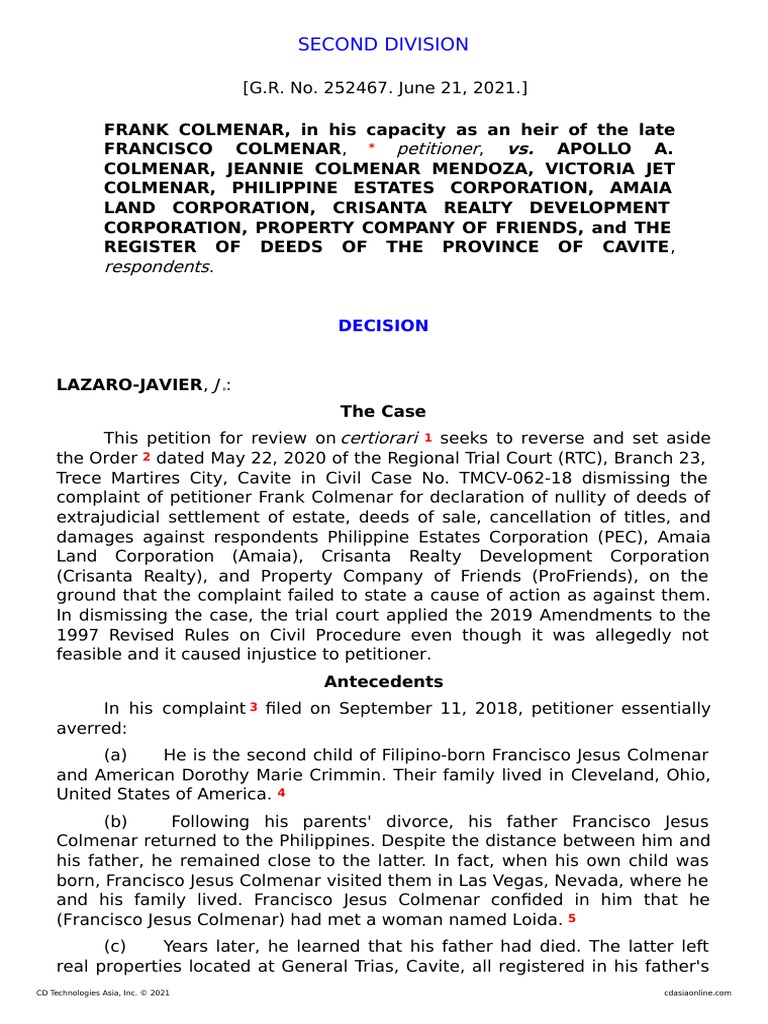 Colmenar v. Colmenar 2021 | PDF | Demurrer | Complaint