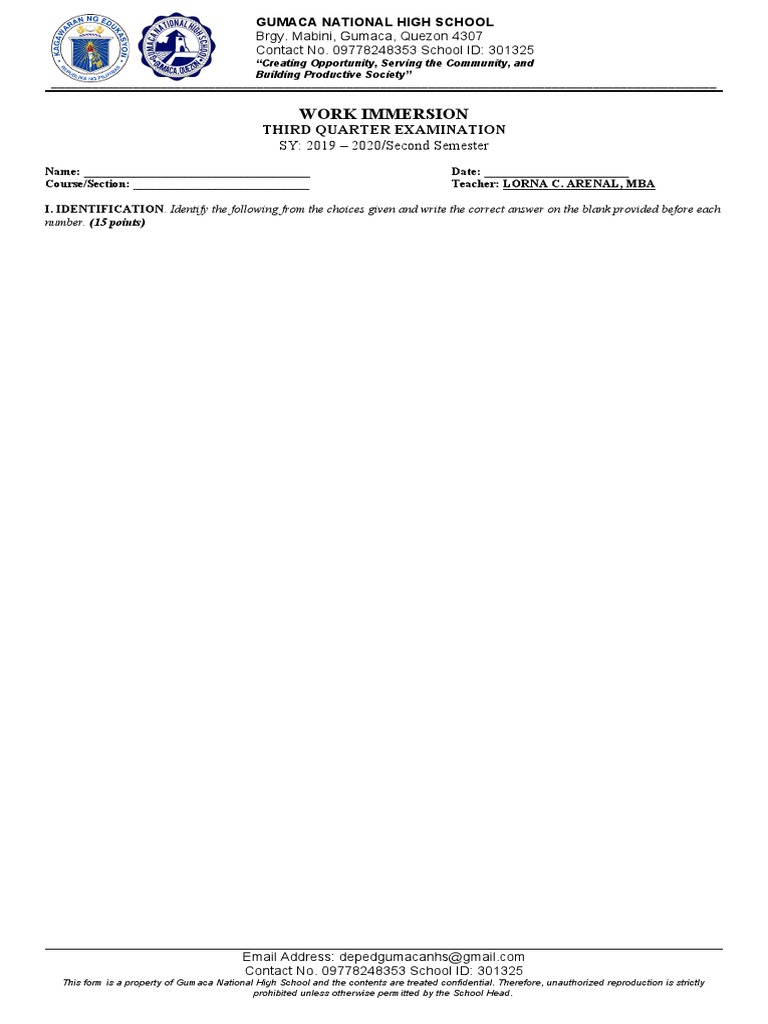 Work Immersion: Third Quarter Examination | PDF