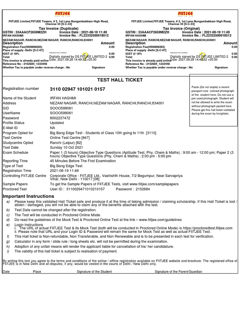 FIITJEE Tax Invoice Hall Ticket | PDF | Test (Assessment)