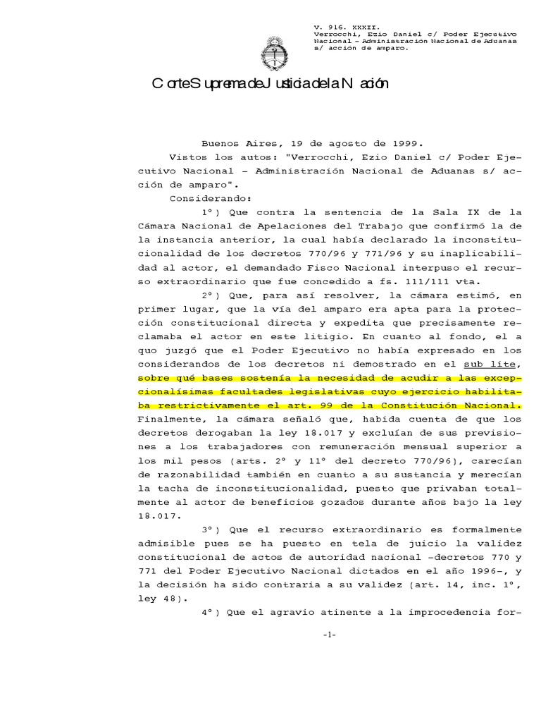 CSJN - 1999 - Verrochi, Ezio Daniel C. Poder Ejecutivo Nacional | PDF ...