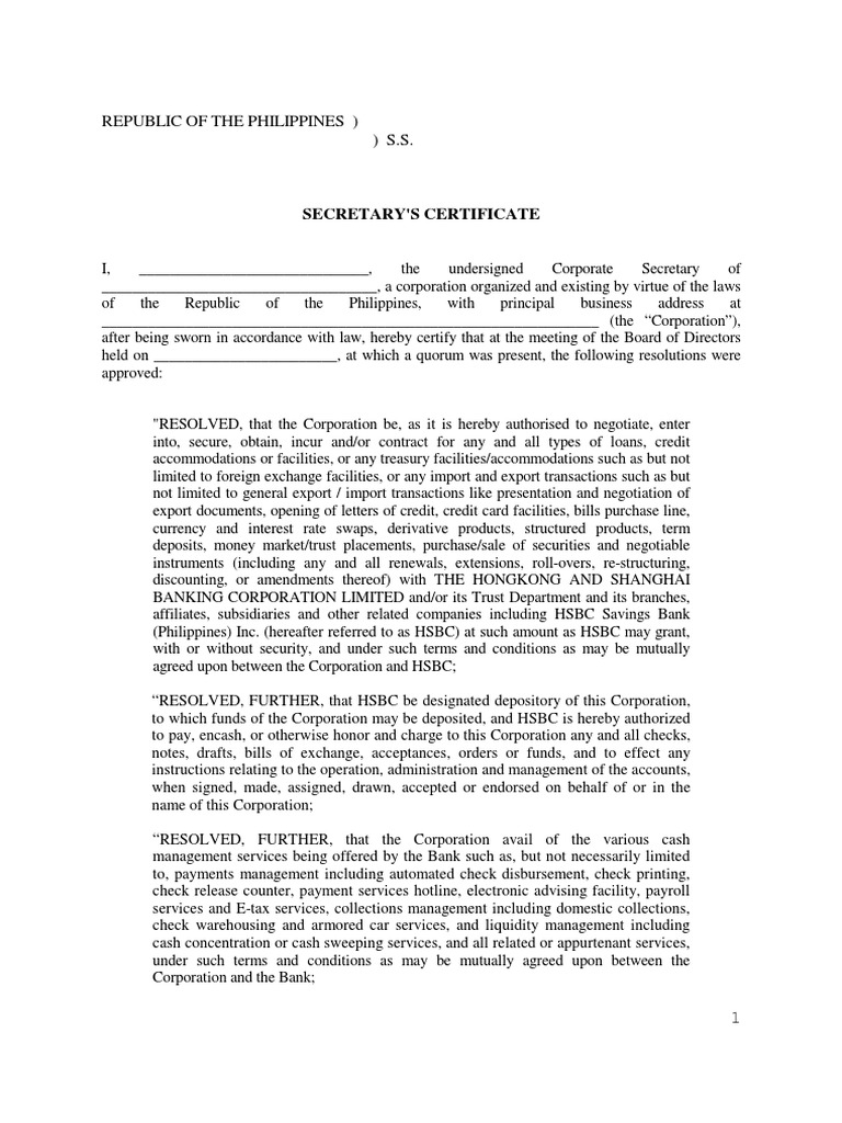 Secretary's Certificate - Bank | PDF | Payments | Banks