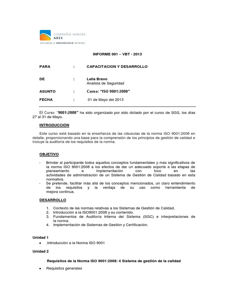 Informe Curso ISO 9001 | PDF | Sistema de manejo de calidad | Calidad ...
