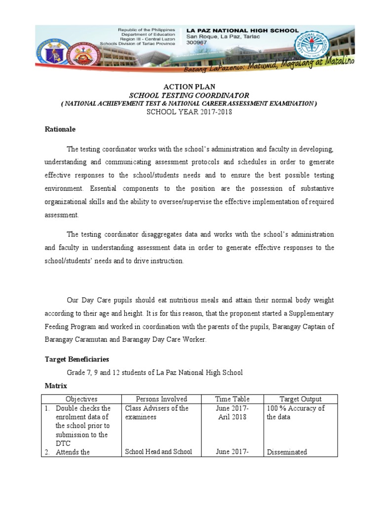 Action Plan: School Testing Coordinator | PDF | Child Care | Relationships