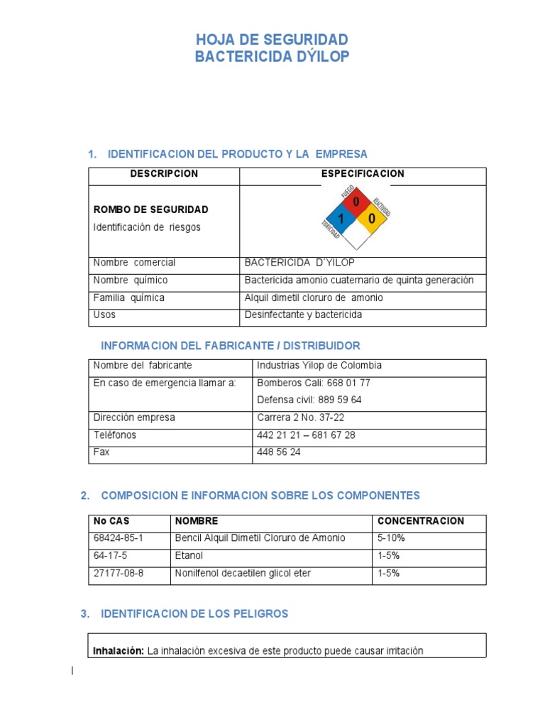 Hoja de Seguridad Bactericida | PDF | Agua | Biodegradación