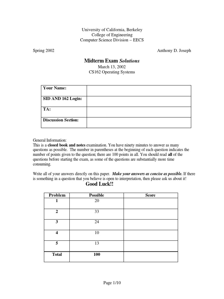Midterm Exam Solutions | PDF | Kernel (Operating System) | Scheduling (Computing)