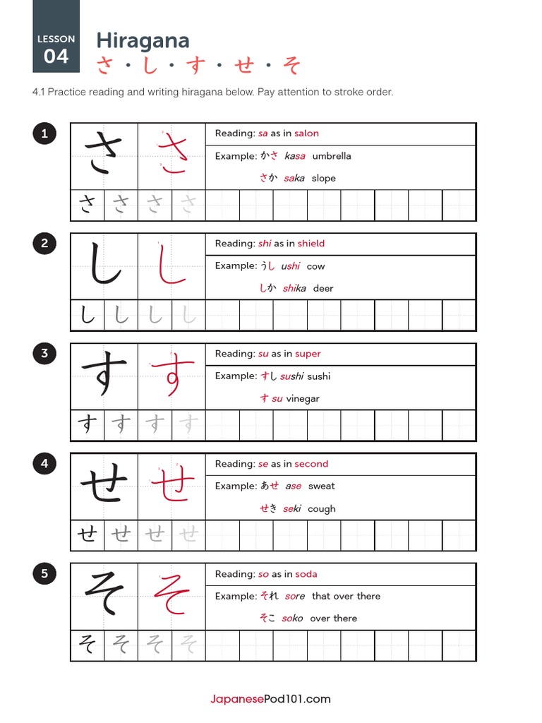 Hiragana Worksheet Lesson4 Sashisuseso | PDF