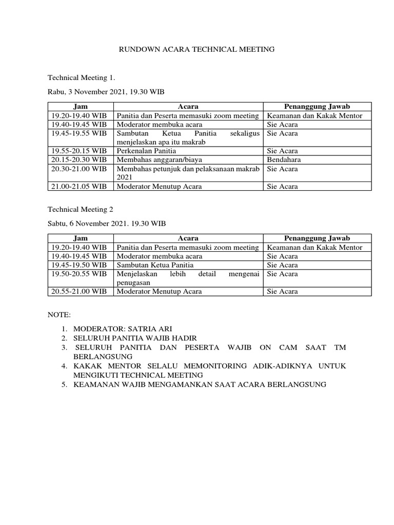 Rundown Acara Technical Meeting PDF