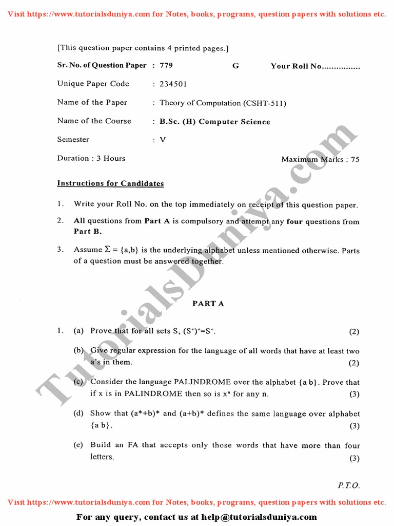 Theory of Computation Question Paper 2016 - Tutorialsduniya | PDF ...