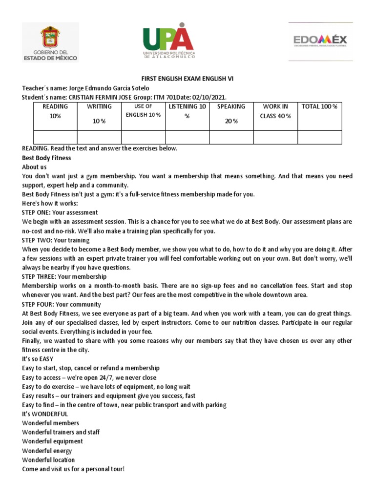 First English Exam English | PDF