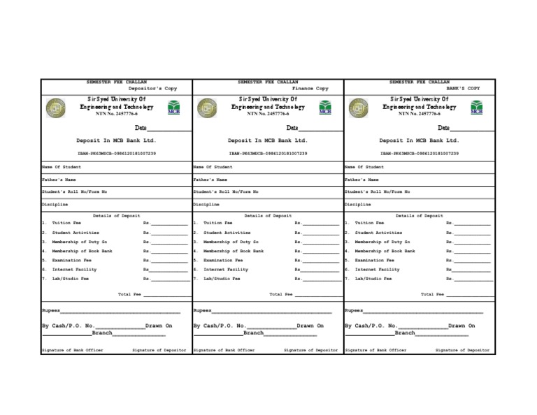 Semster Fee Challan-Fillable | PDF | Deposit Account | Trade