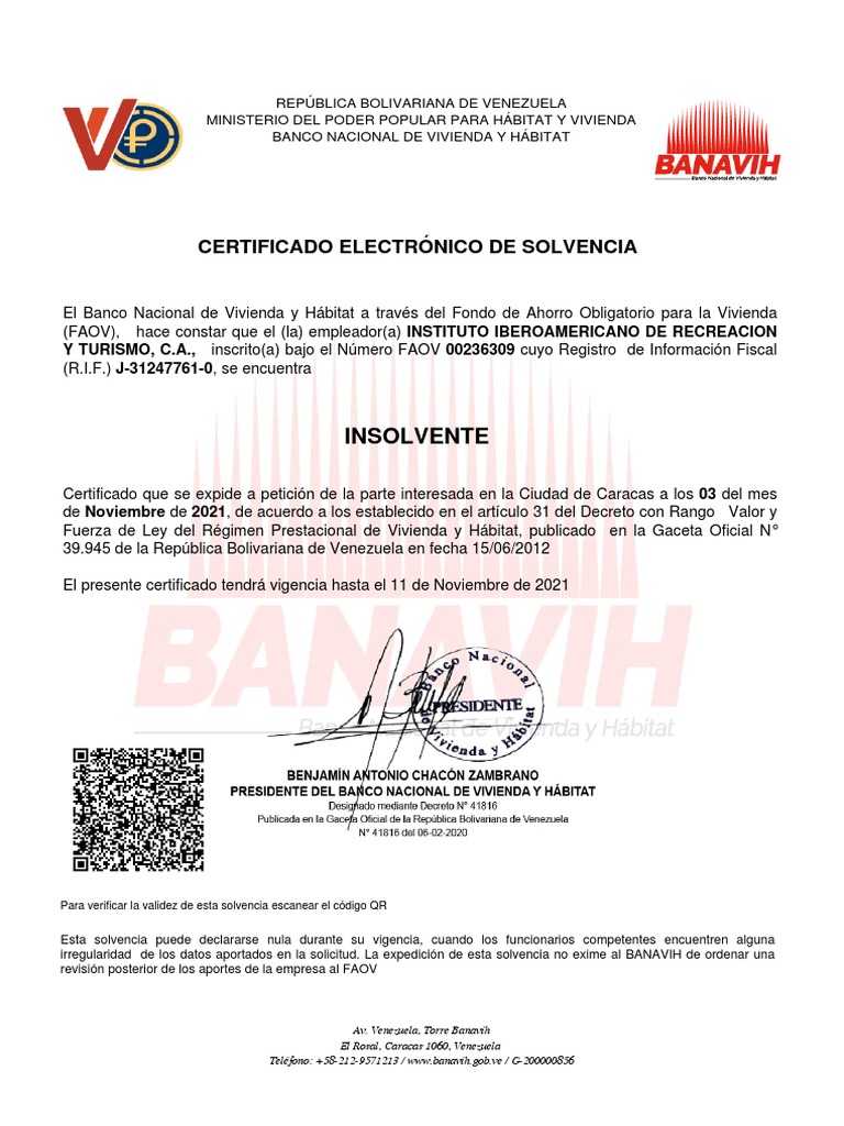 Certificado de Insolvencia FAOV Venezuela | PDF