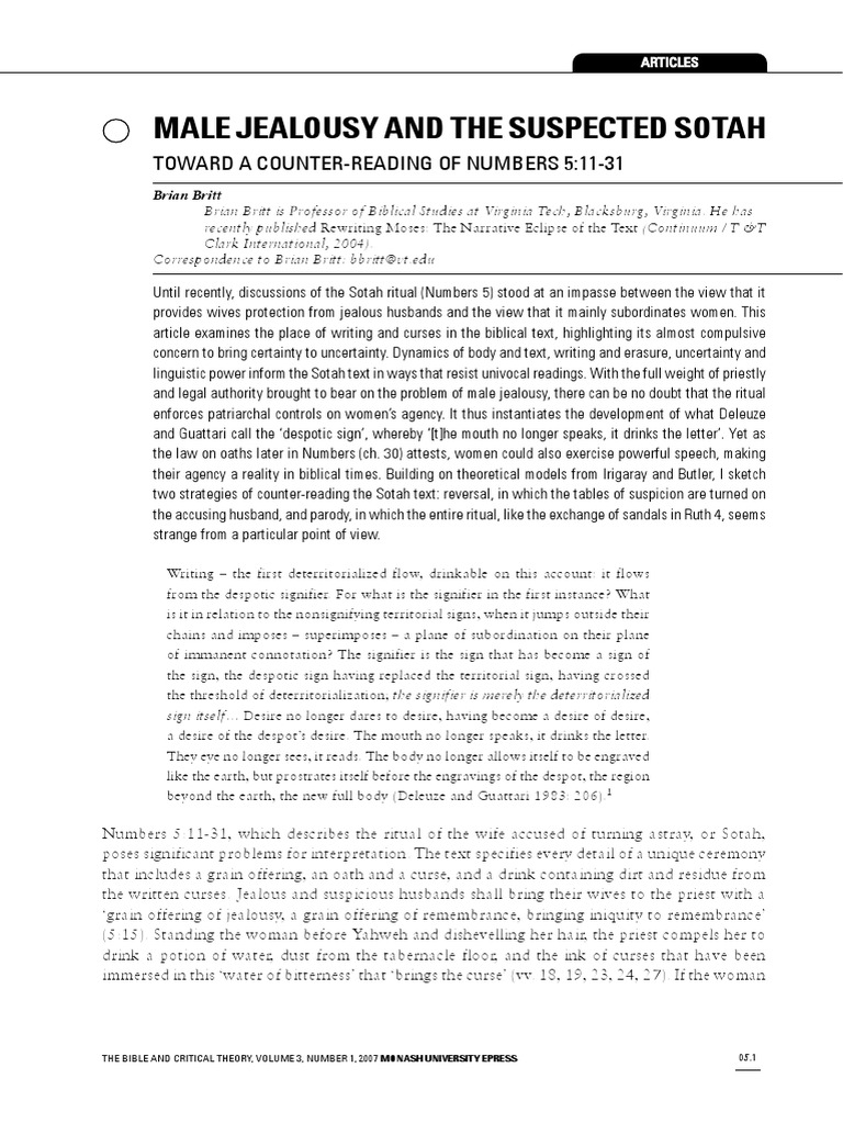 Male Jealousy and The Suspected Sotah: Toward A Counter-Reading of Numbers 5:11-31 | PDF ...