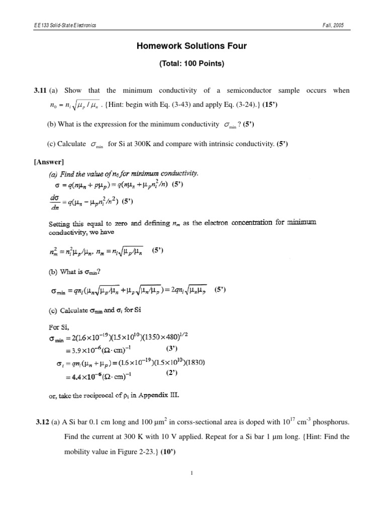EE133 Homework Solutions | PDF | Doping (Semiconductor) | Electrical Resistivity And Conductivity