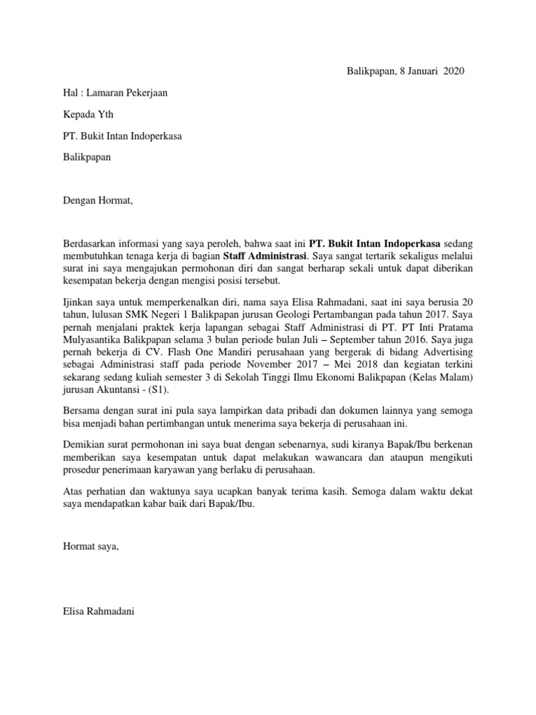 Surat Lamaran PT. Bukit Intan Indoperkasa | PDF