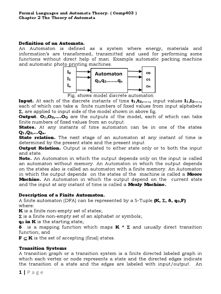 Automaton Q, Q .. Q I I I: Formal Languages and Automata Theory. (Comp403) Chapter 2 The Theory ...