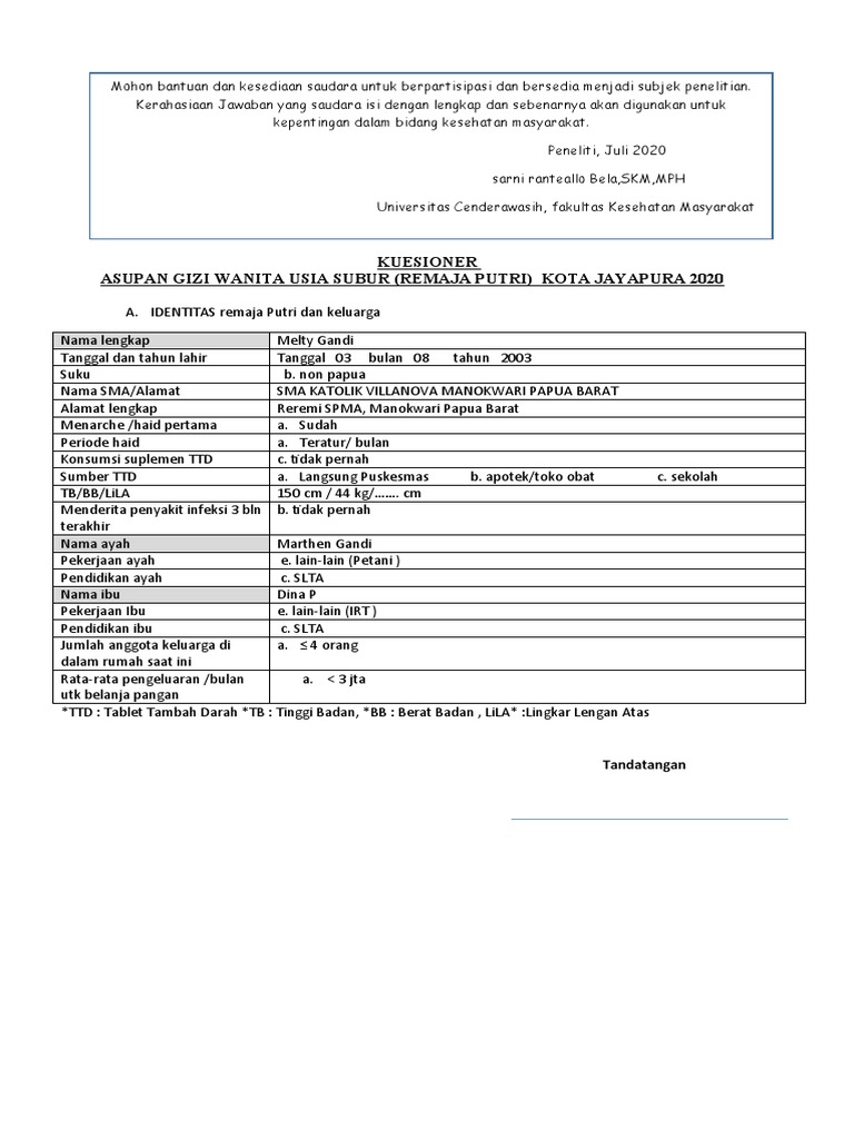 Kuisioner Asupan Gizi WUS | PDF | Memasak, Makanan, & Anggur