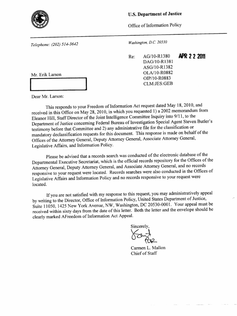 DOJ & FBI: No Copies of Eleanor Hill Memo re FBI Agent Steven Butler ...