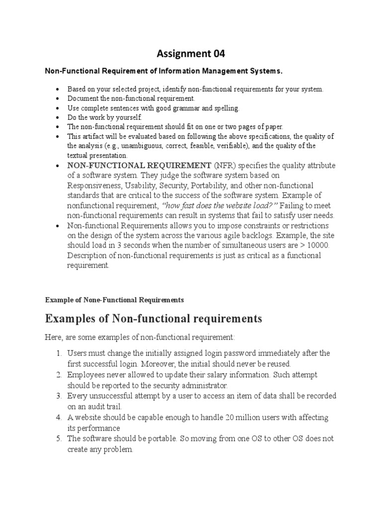 Assignment 04: Examples of Non-Functional Requirements | PDF | Business | Computers