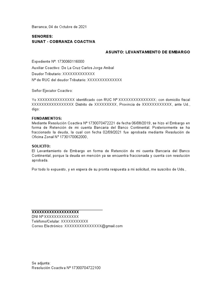 Carta Levantamiento de Embargo en Forma de Retencion | PDF Carta Levantamiento de Embargo en Forma de Retencion | PDF
