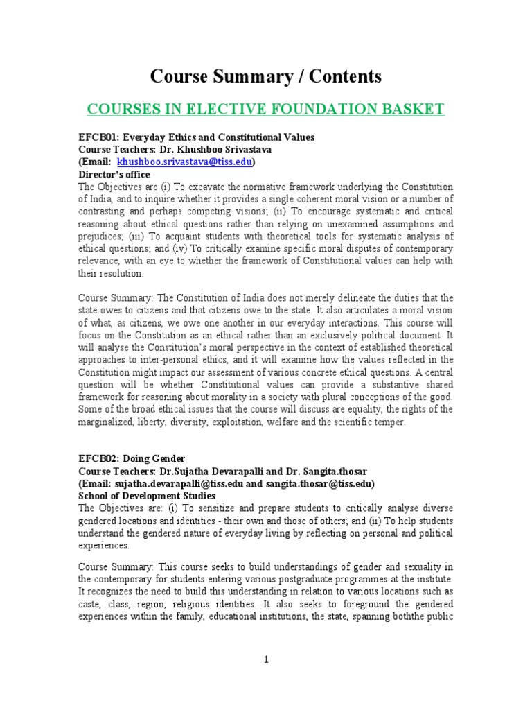 Course Summary / Contents: Courses in Elective Foundation Basket | PDF ...
