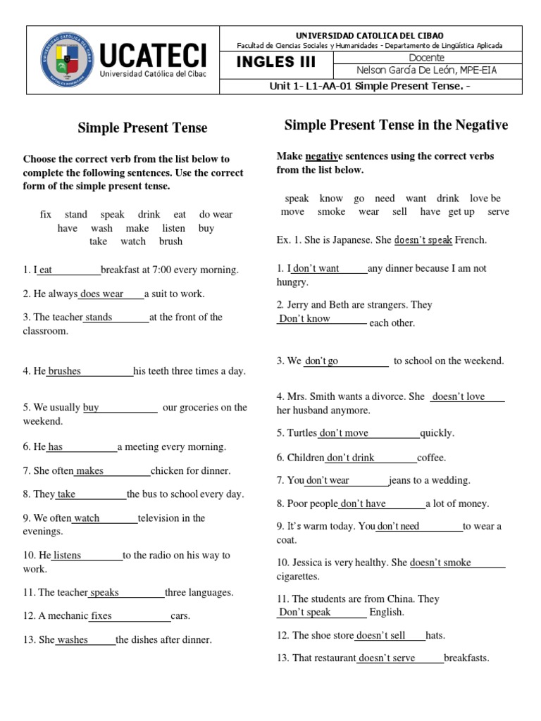 Practica No.1 Simple Present Tense | PDF | Linguistics | Grammar