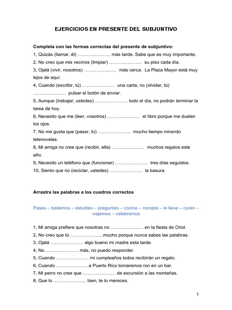 Ejercicios en Presente Del Subjuntivo | PDF