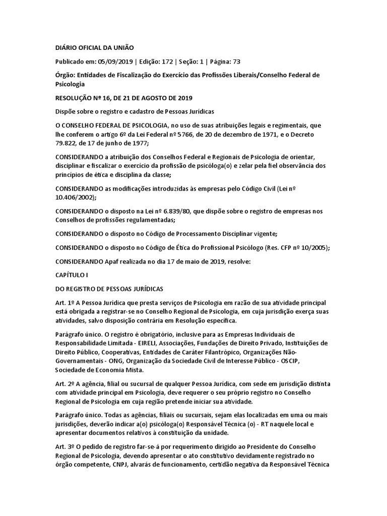 Resolução CFP 16 de 2019 | PDF | Psicologia | Conselho de Segurança das ...