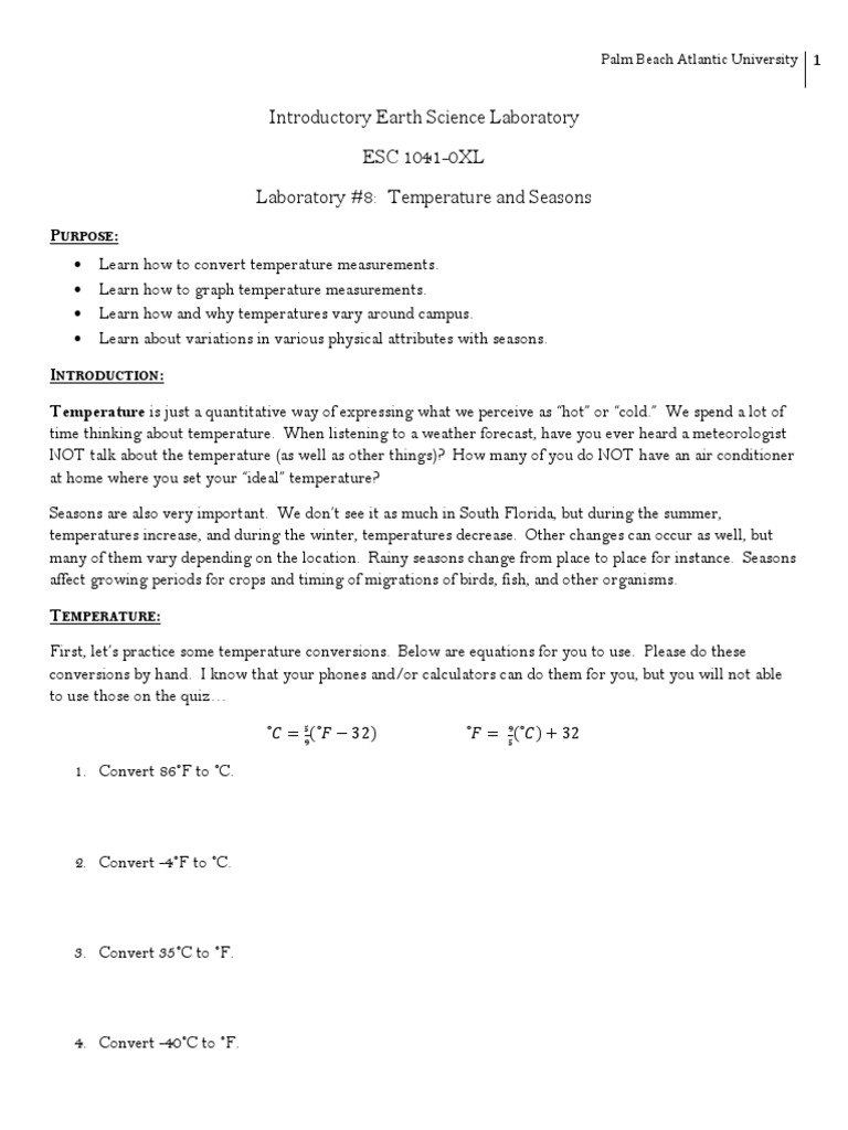 Temperature and Seasons Lab Guide | PDF | Precipitation | Temperature