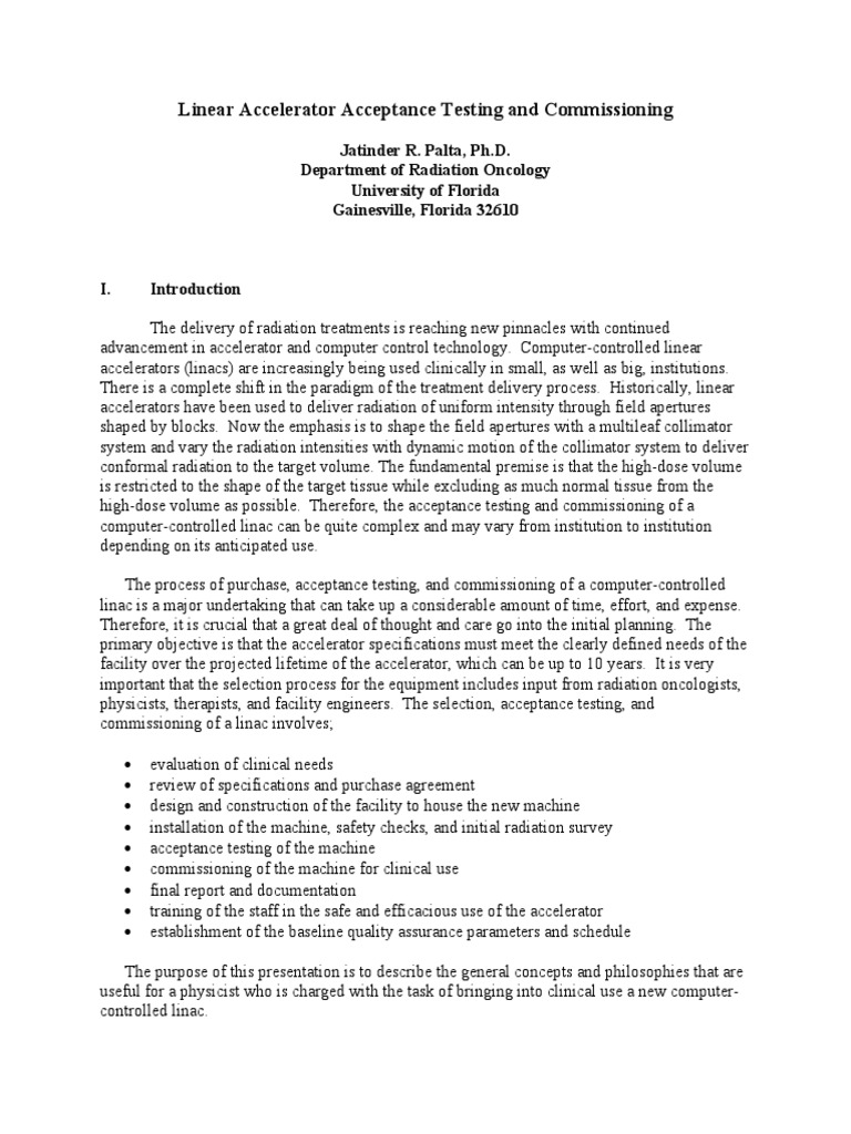 Linear Accelerator Acceptance Testing and Commissioning | PDF ...