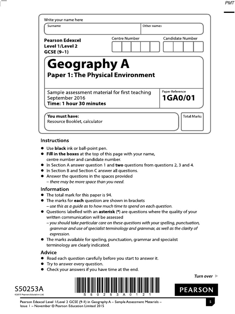 Specimen QP - Paper 1 Edexcel Geography A GCSE | PDF