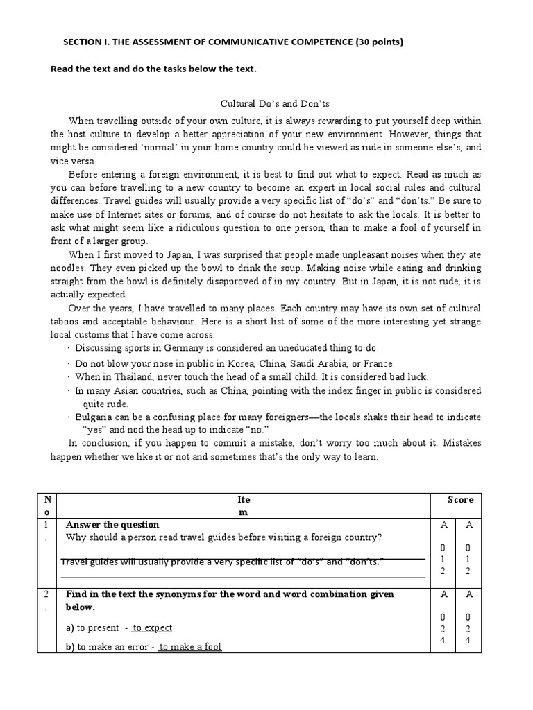 Section I. The Assessment of Communicative Competence (30 Points) Read ...