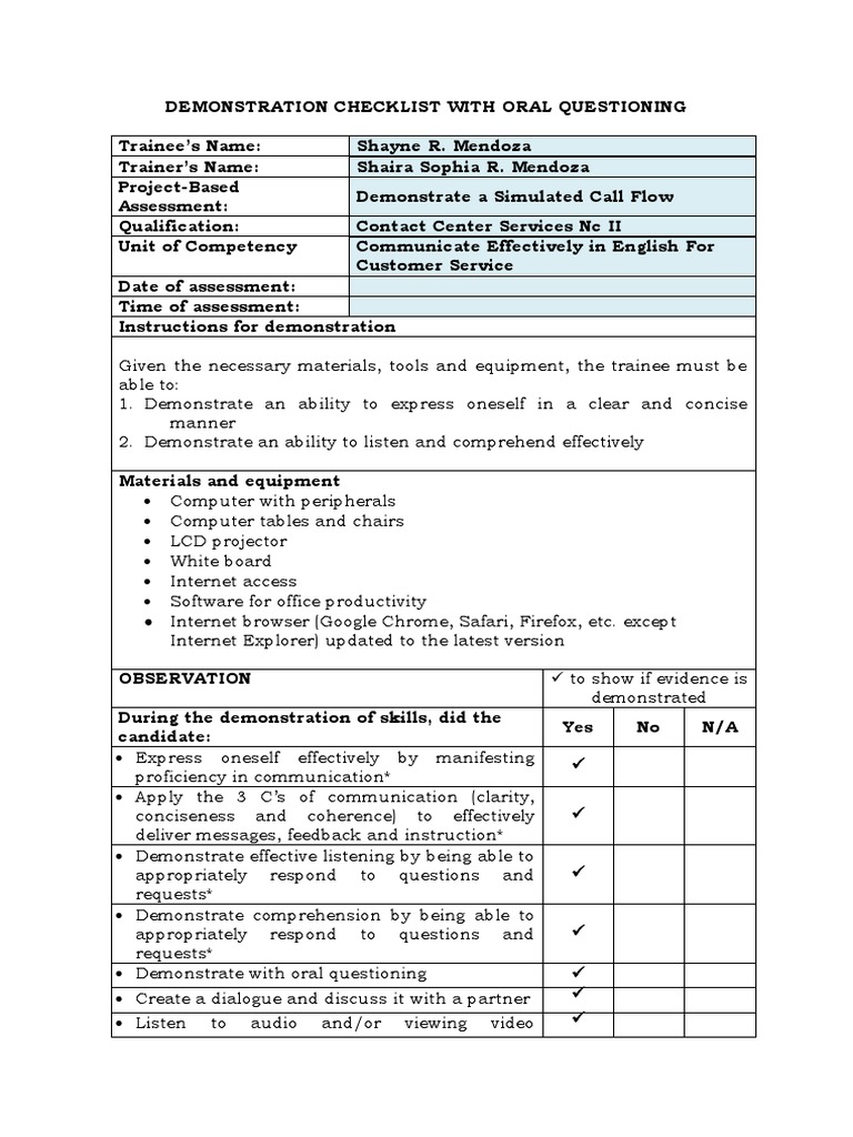 Ssrm-Demonstration Checklist With Oral Questioning | PDF ...