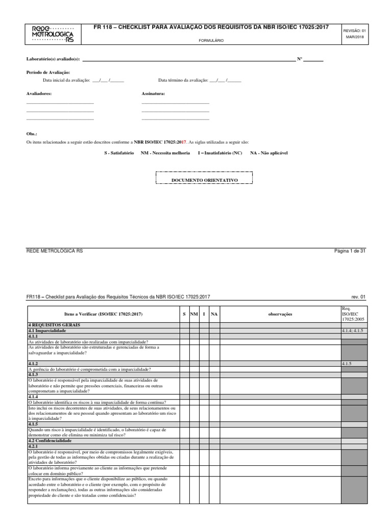 Checklist Avaliacao-Dos-Requisitos-Da-Norma-Iso-17025-2017 | PDF ...