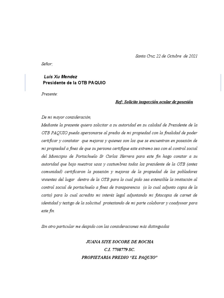 Carta para PRESIDENTE DE OTB PAQUIO | PDF