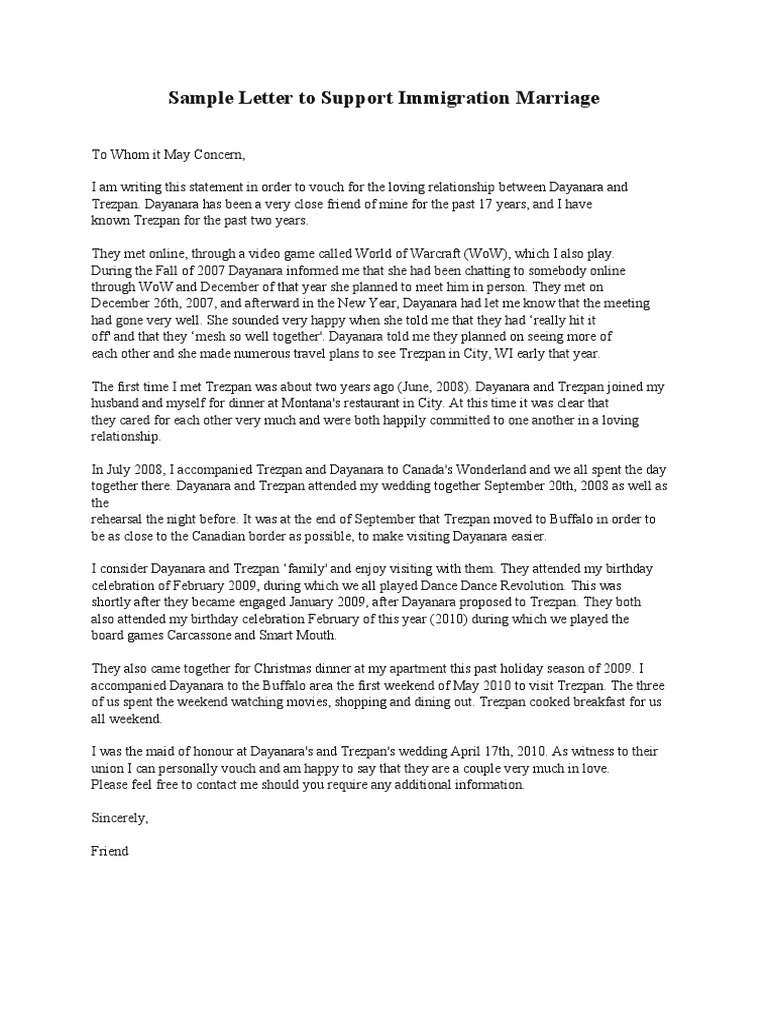 Sample Letter To Support Immigration Marriage | PDF